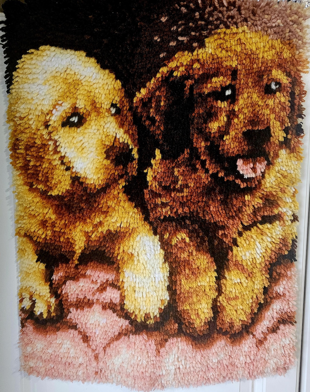 Vintage Latch Hook Yarn Kit Rug Caron 28" X 21" Labrador Golden Doodle ...