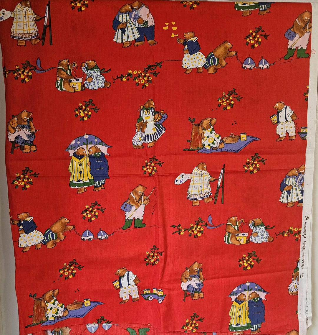 RARE Vintage Alexander Henry Collection Fabric Bears Picnic Fishing ...