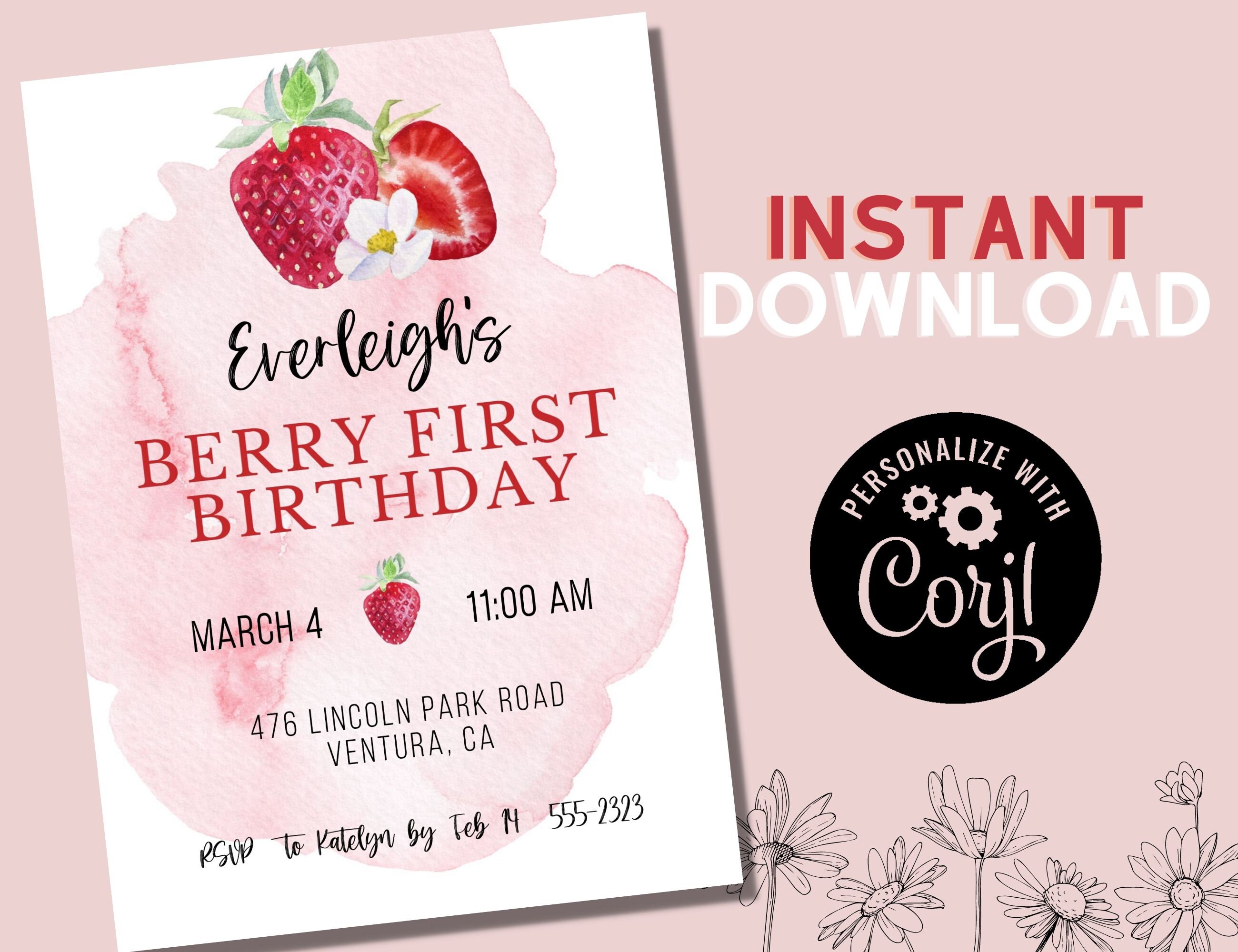Berry First Birthday Invitation INSTANT DOWNLOAD Editable Strawberry ...