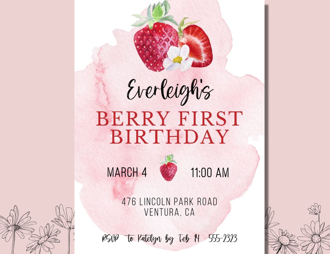 Berry First Birthday Invitation INSTANT DOWNLOAD Editable Strawberry ...
