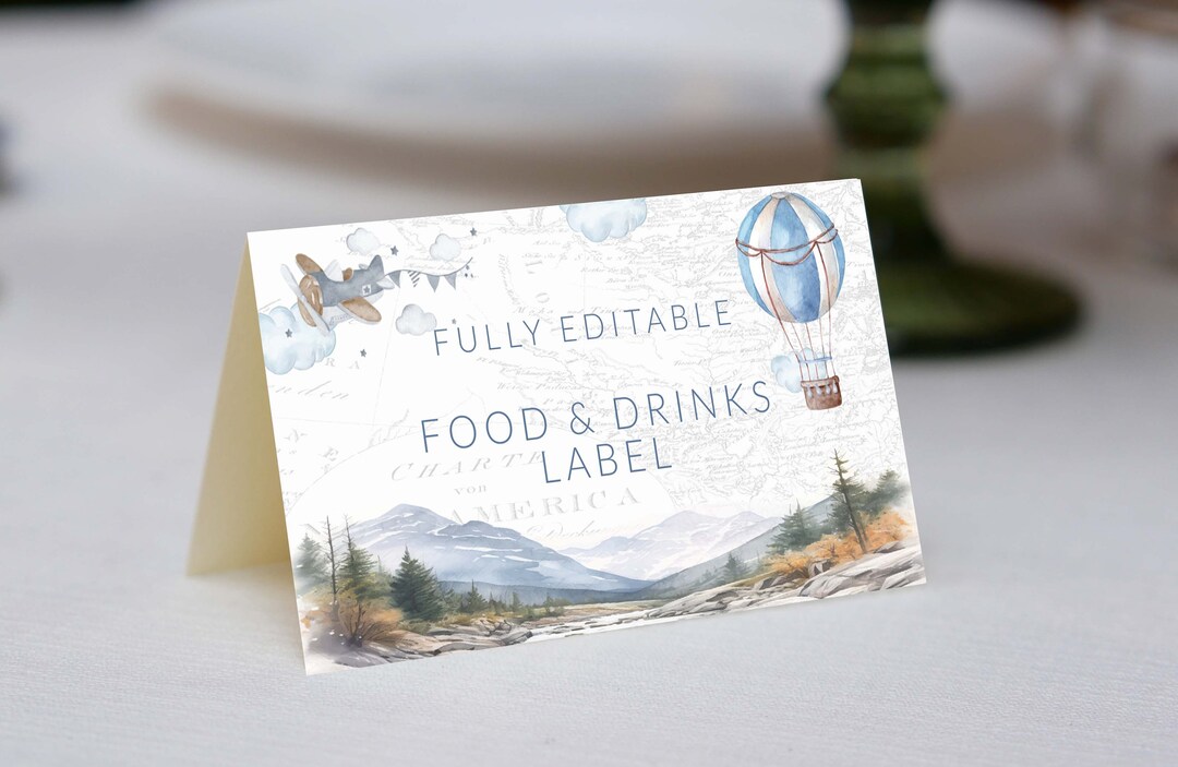 Editable Food Labels Hot Air Balloon Printable Blue Beige Adventure ...