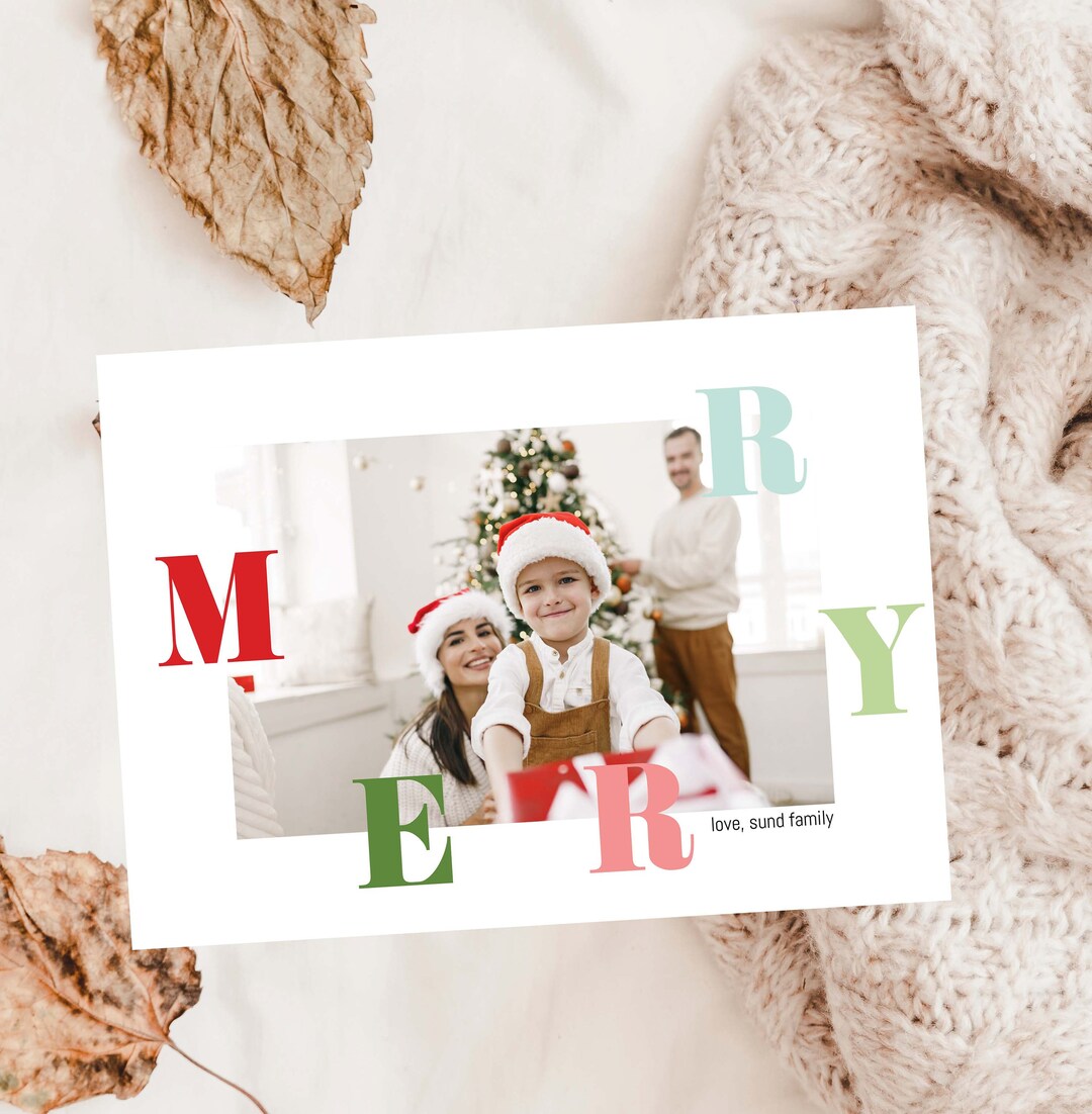 Editable Christmas Greeting Card Family Holiday Picture Card Bright ...