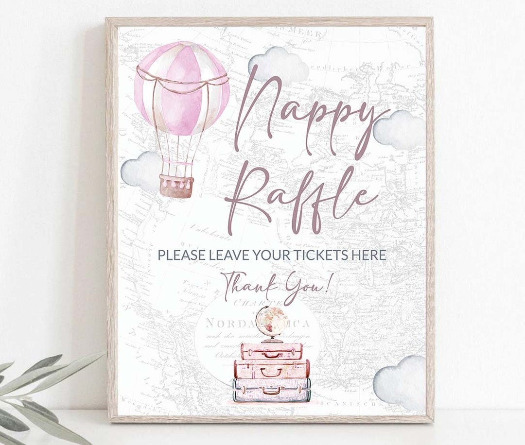 Nappy Raffle Hot Air Balloon Baby Shower Sign Printable Travel Themed ...