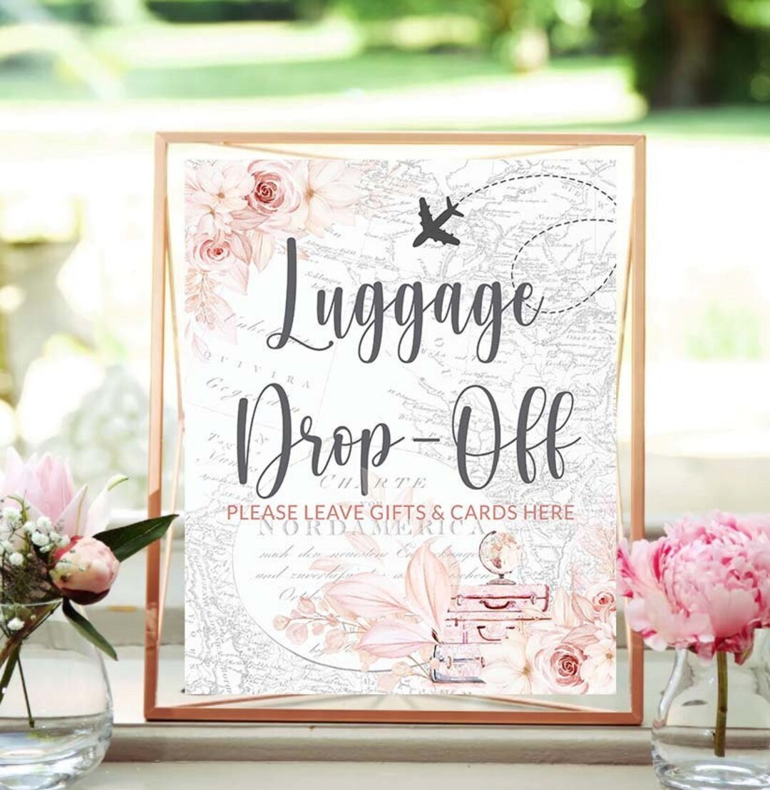 Luggage Drop off Sign Adventure Awaits Bridal Shower Games Travel Theme ...