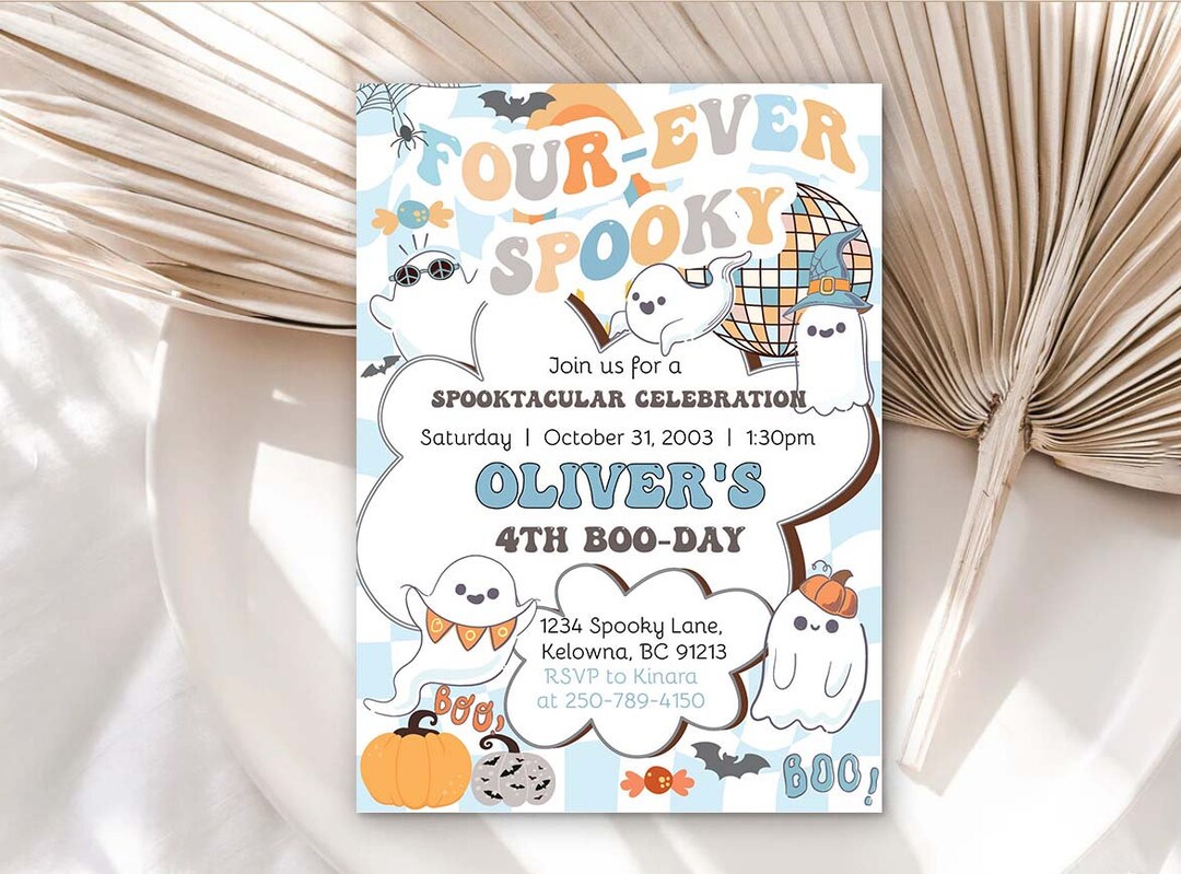 Editable Four Ever Spooky Vibes Halloween Birthday Invitation Retro ...
