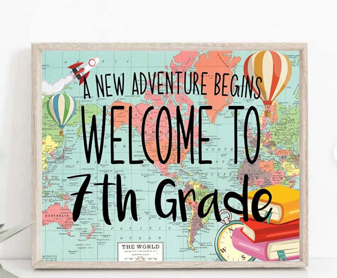 7th Grade Welcome to Classroom Door Sign World Map Adventure Themed ...