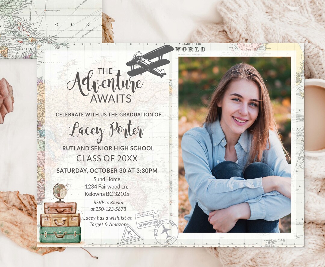 Adventure Awaits Graduation Invitation With Picture Travel Theme Grad ...