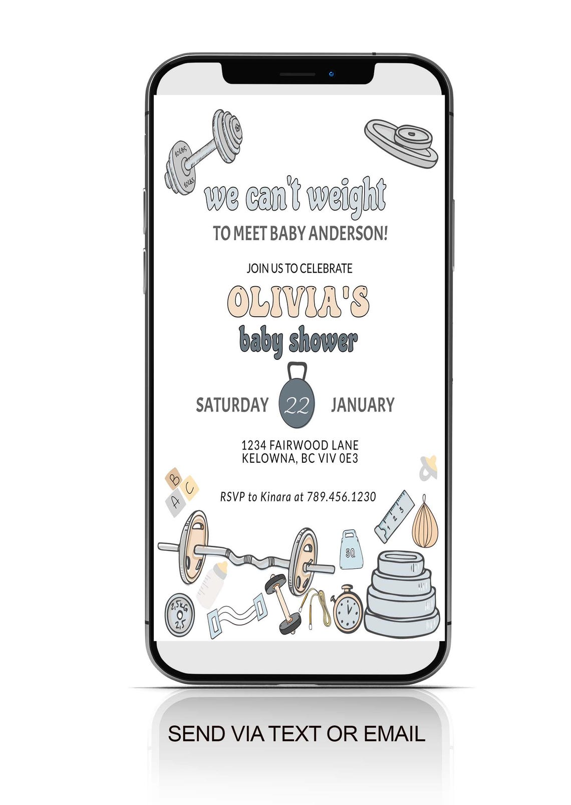 Editable Baby Shower Gym Themed Invitation Barbells Fitness Instructor ...