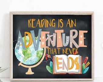 Reading is an Adventure, School Library Decor, Reading Printable Poster ...
