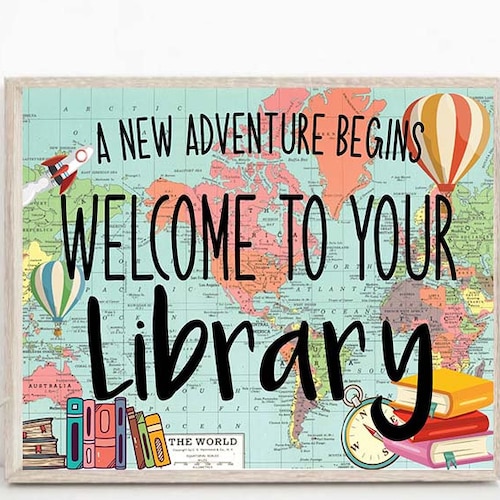 Library Welcome to Classroom Door Sign World Map Adventure - Etsy
