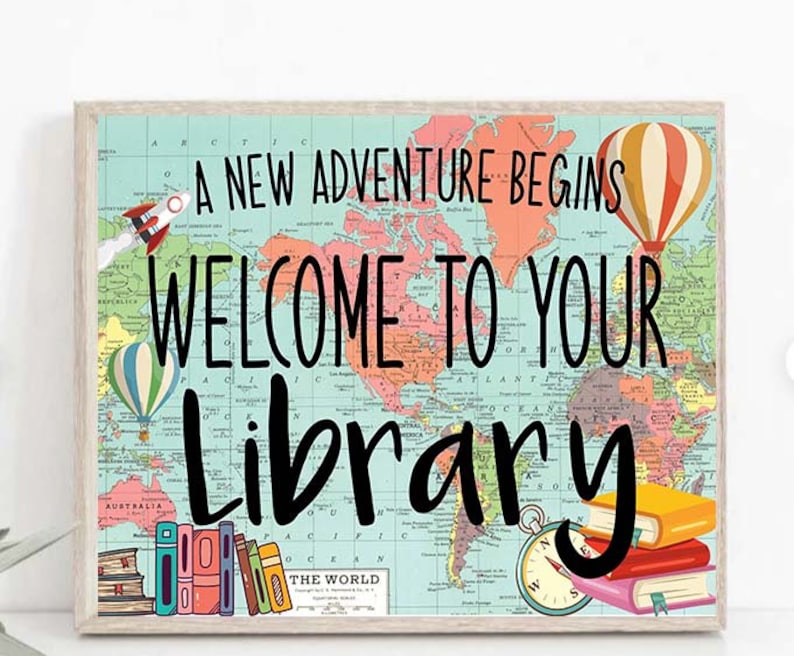 Library Welcome to Classroom Door Sign World Map Adventure - Etsy