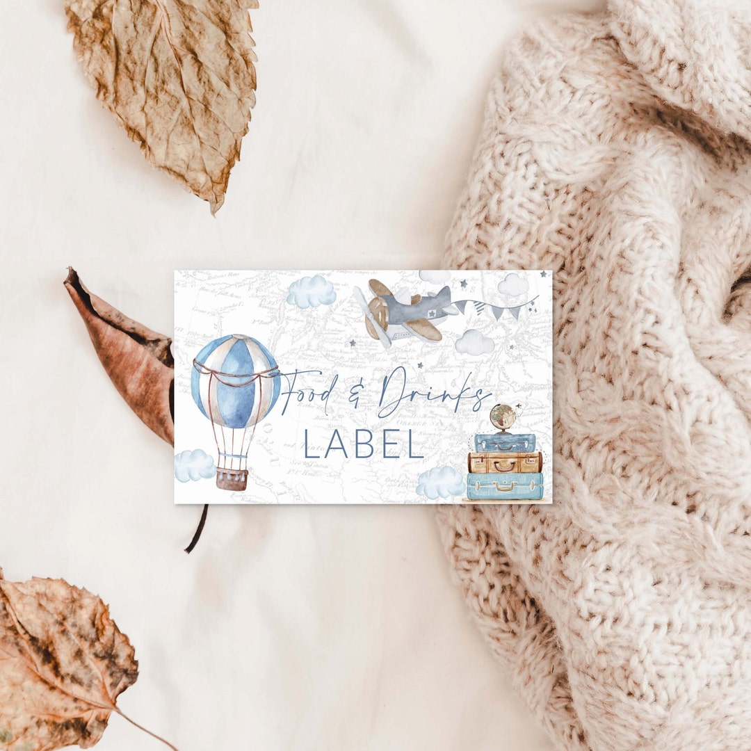 Food Labels Hot Air Balloon Editable Printable Blue Beige Adventure ...
