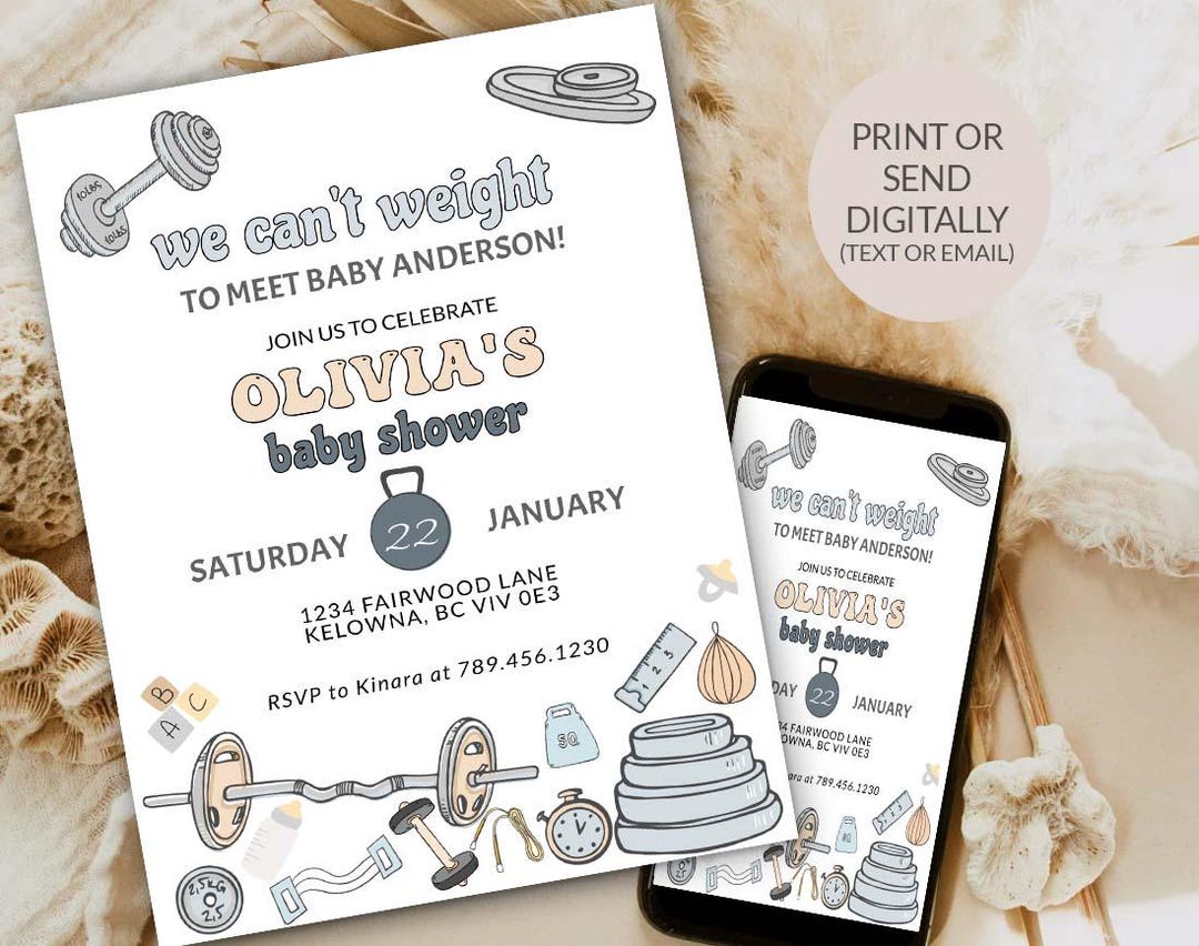 Editable Baby Shower Gym Themed Invitation Barbells Fitness Instructor ...