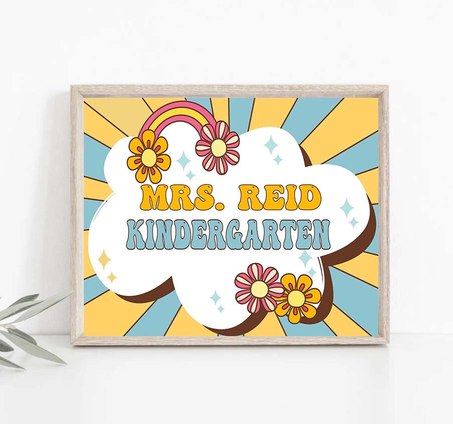 Groovy Custom Teacherteacher Sign, Retro Hippie Themed Classroom Door ...