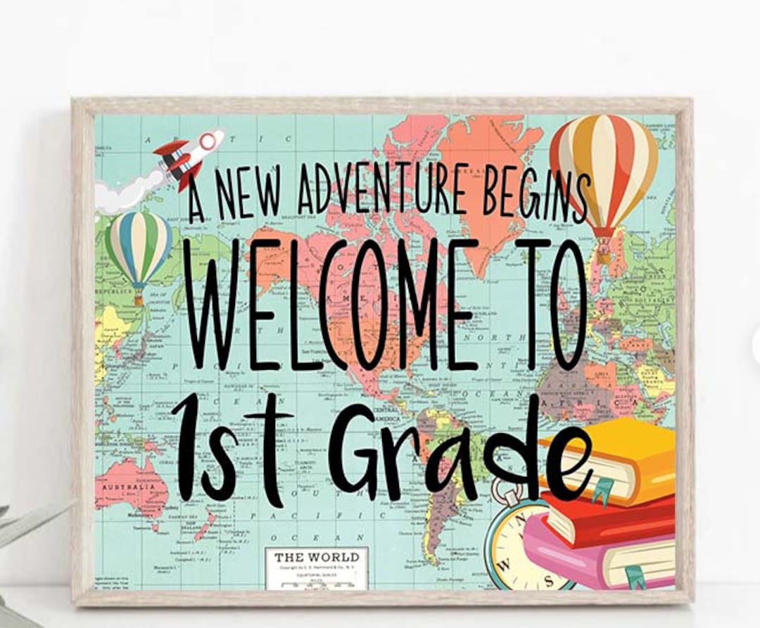 1st Grade Welcome to Classroom Door Sign World Map Adventure Themed ...