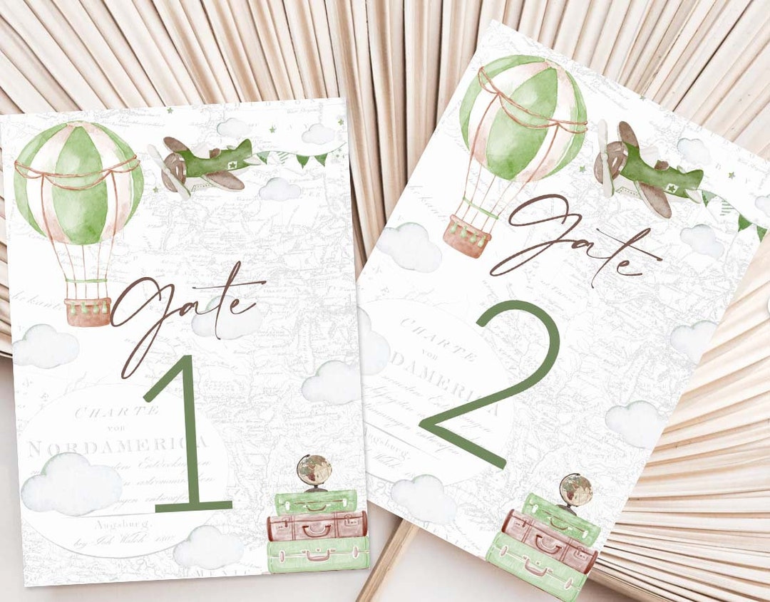 Table Numbers Hot Air Balloon Baby Shower Invitation Set Sage Green ...