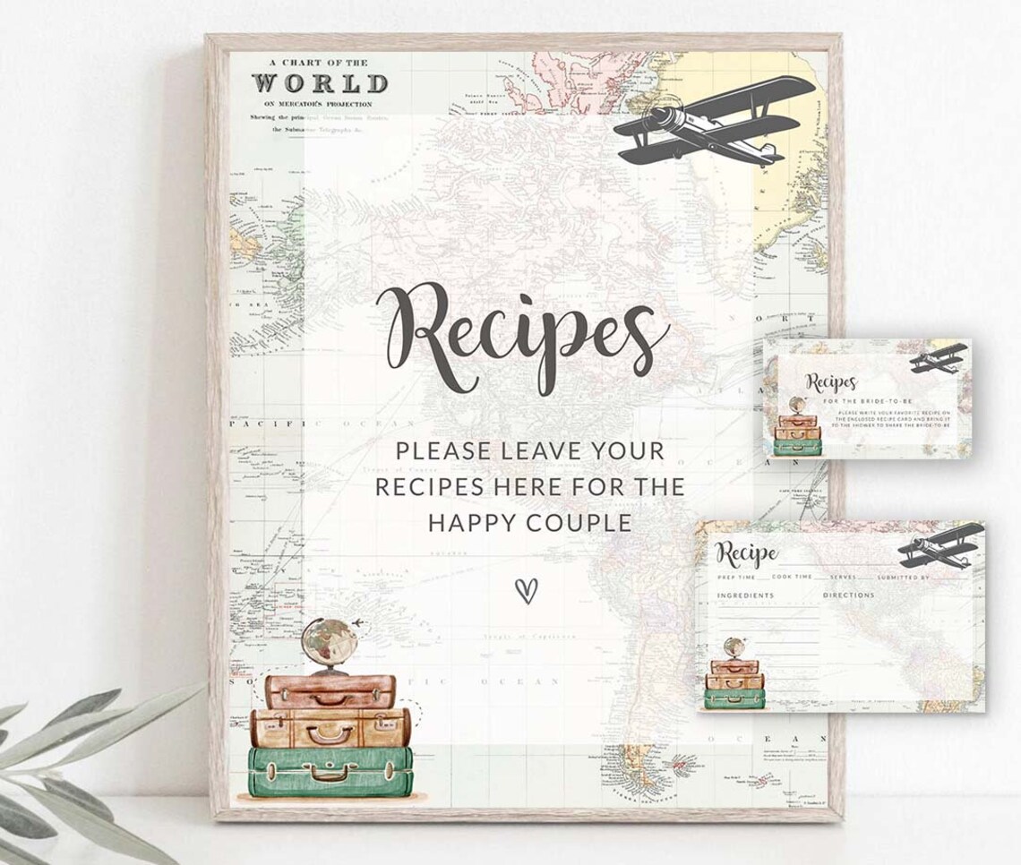 Recipe Sign and Card Set Recipes Insert Card Travel Theme Bridal Shower ...