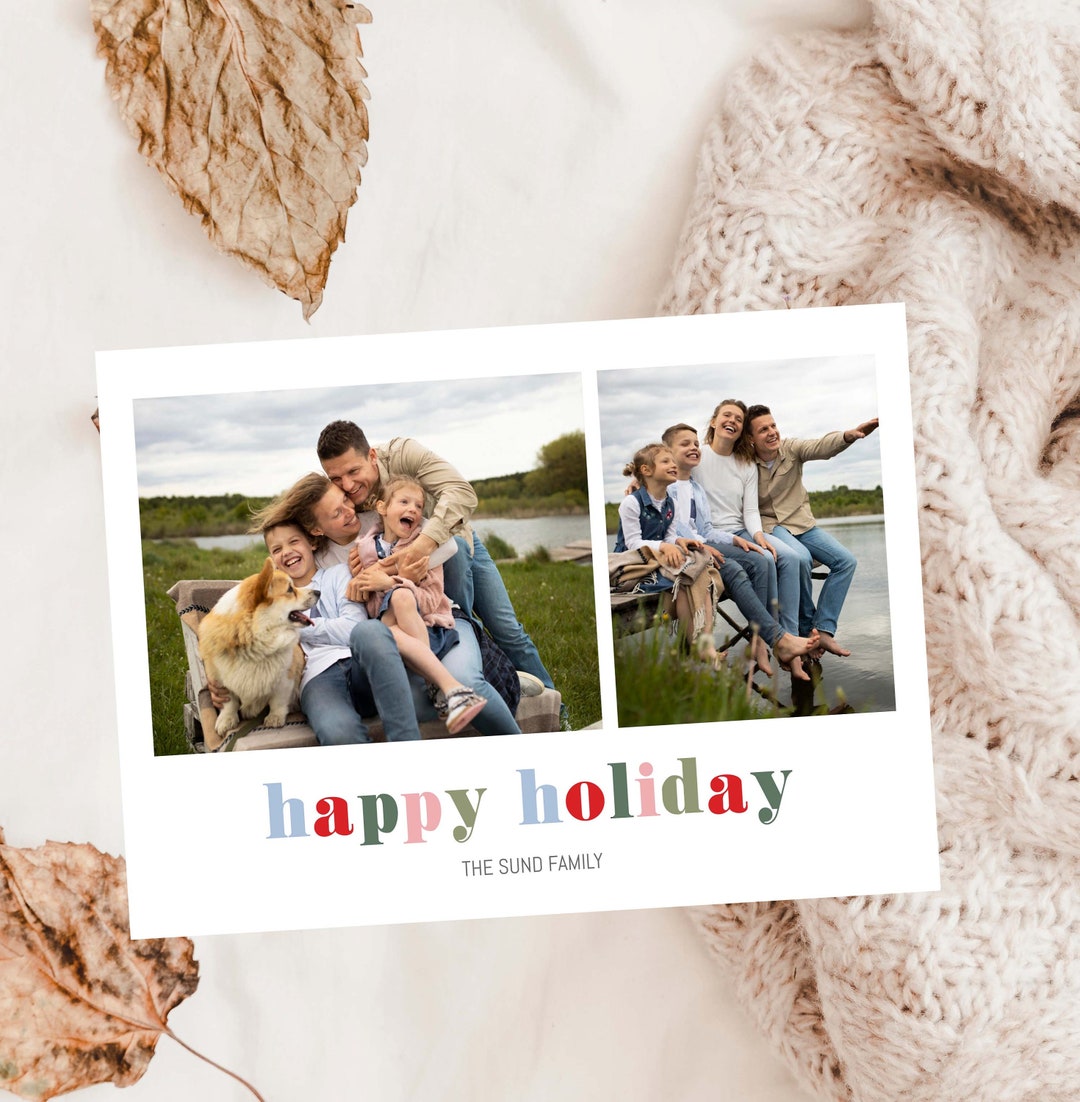 Editable Holiday Greeting Card Family Holiday Picture Card Bright ...