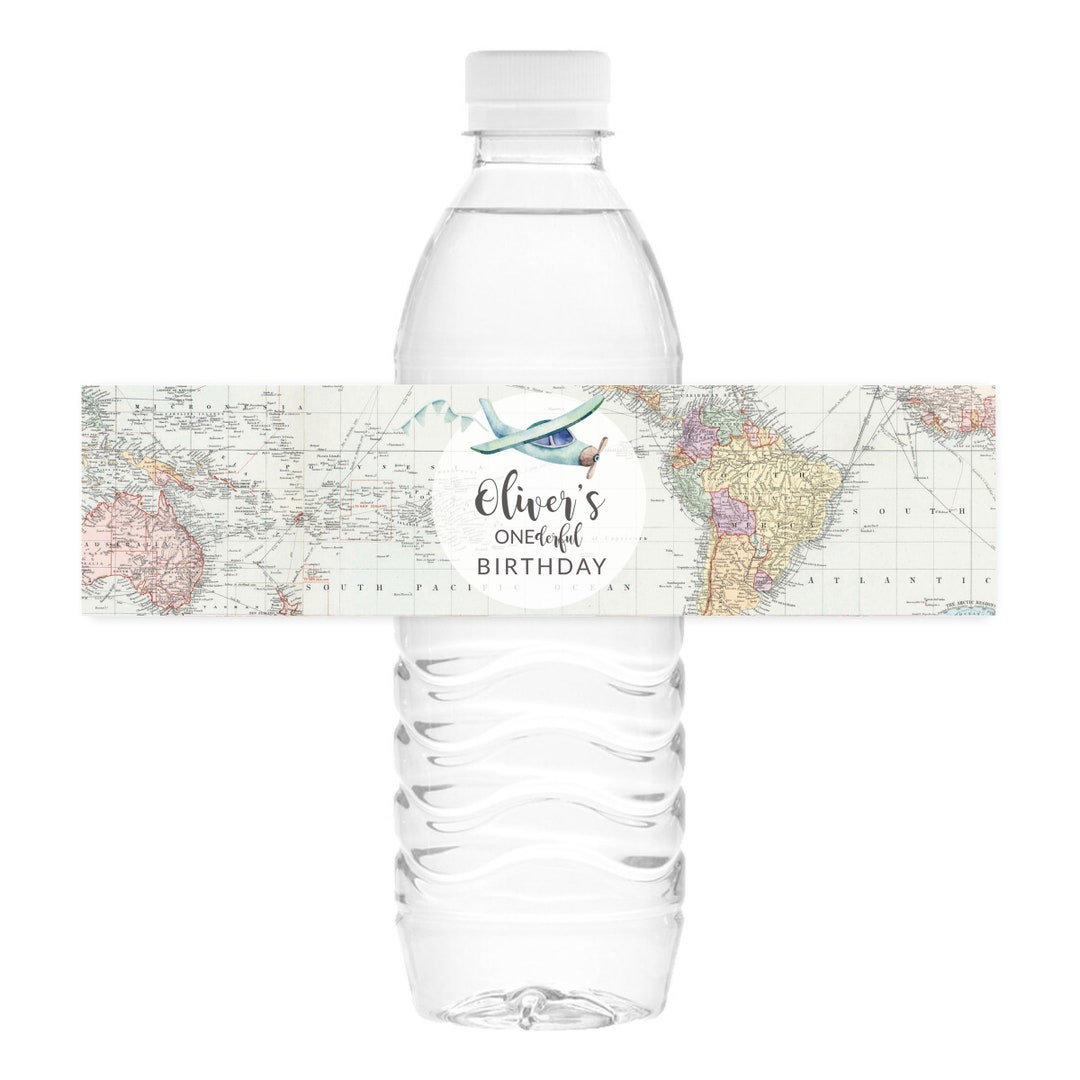 Printable Water Bottle Labels Travel Theme 1st Birthday, First Birthday ...
