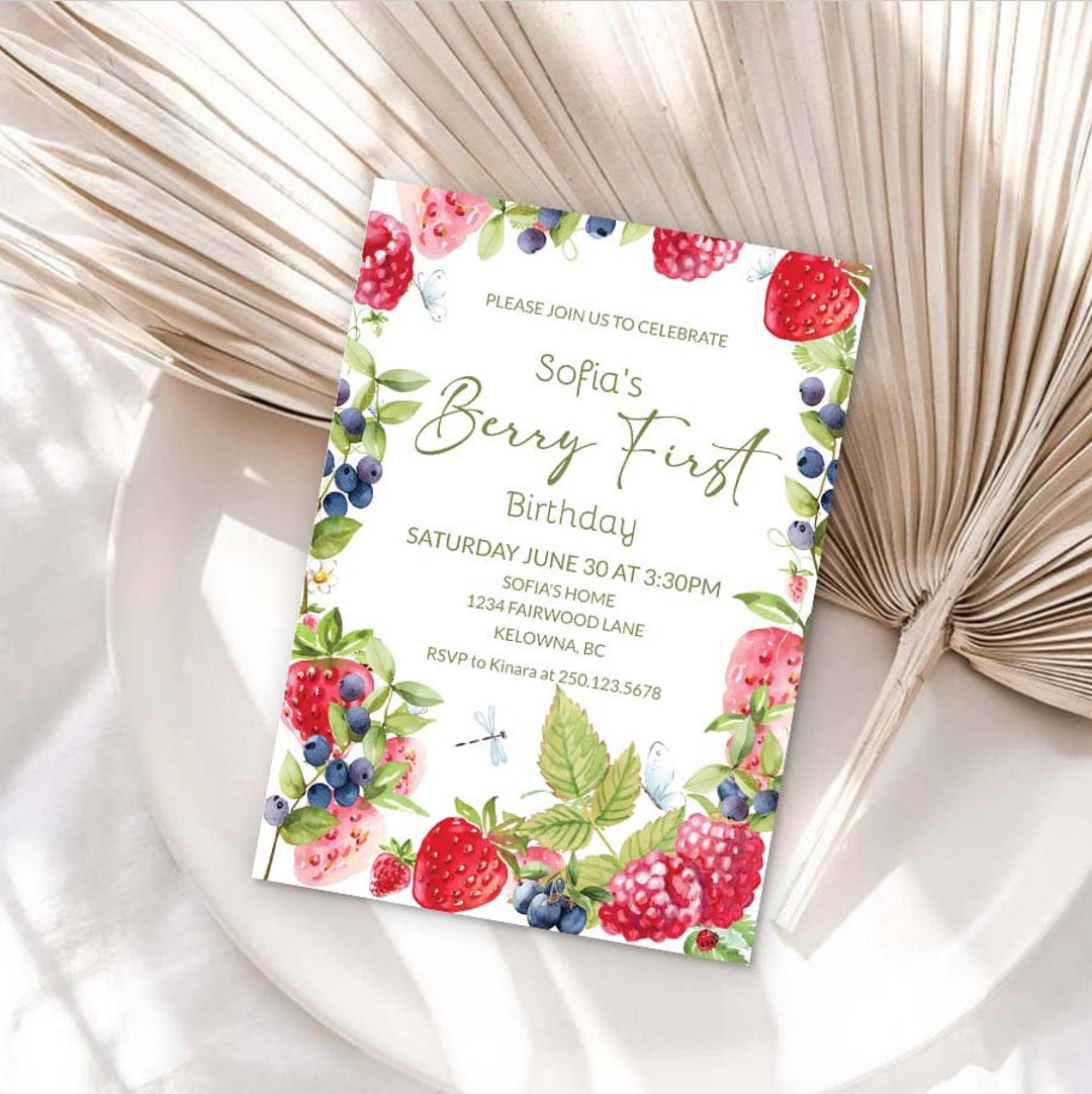 Editable Berry Sweet Birthday Invitation Blueberry Strawberry Invite ...