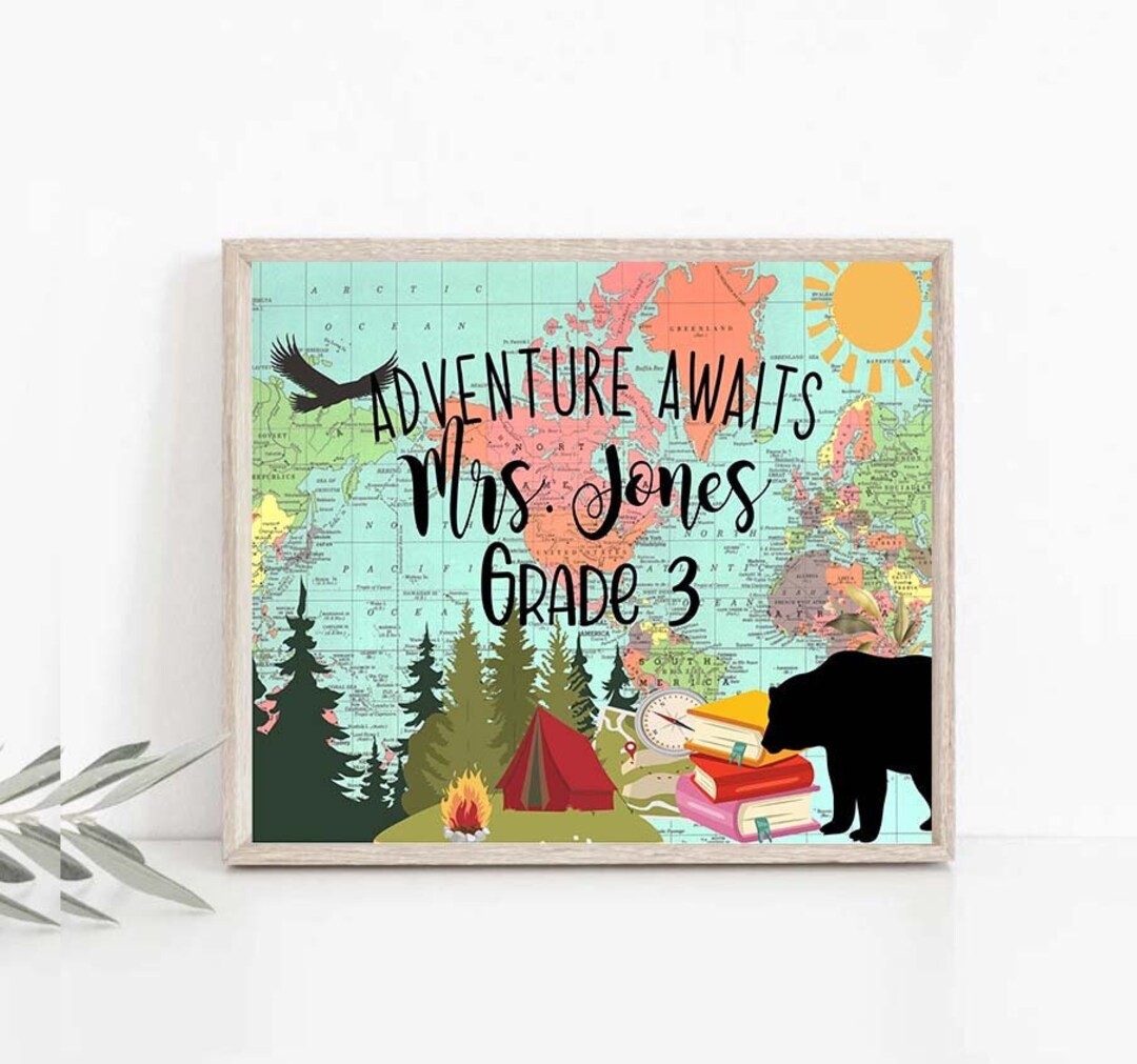Adventure Welcome to Classroom Door Sign World Map Customized Teacher ...