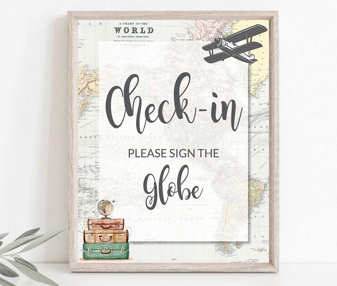 Check-in Sign Guest Globe Travel Theme Baby Shower, Adventure Baby ...