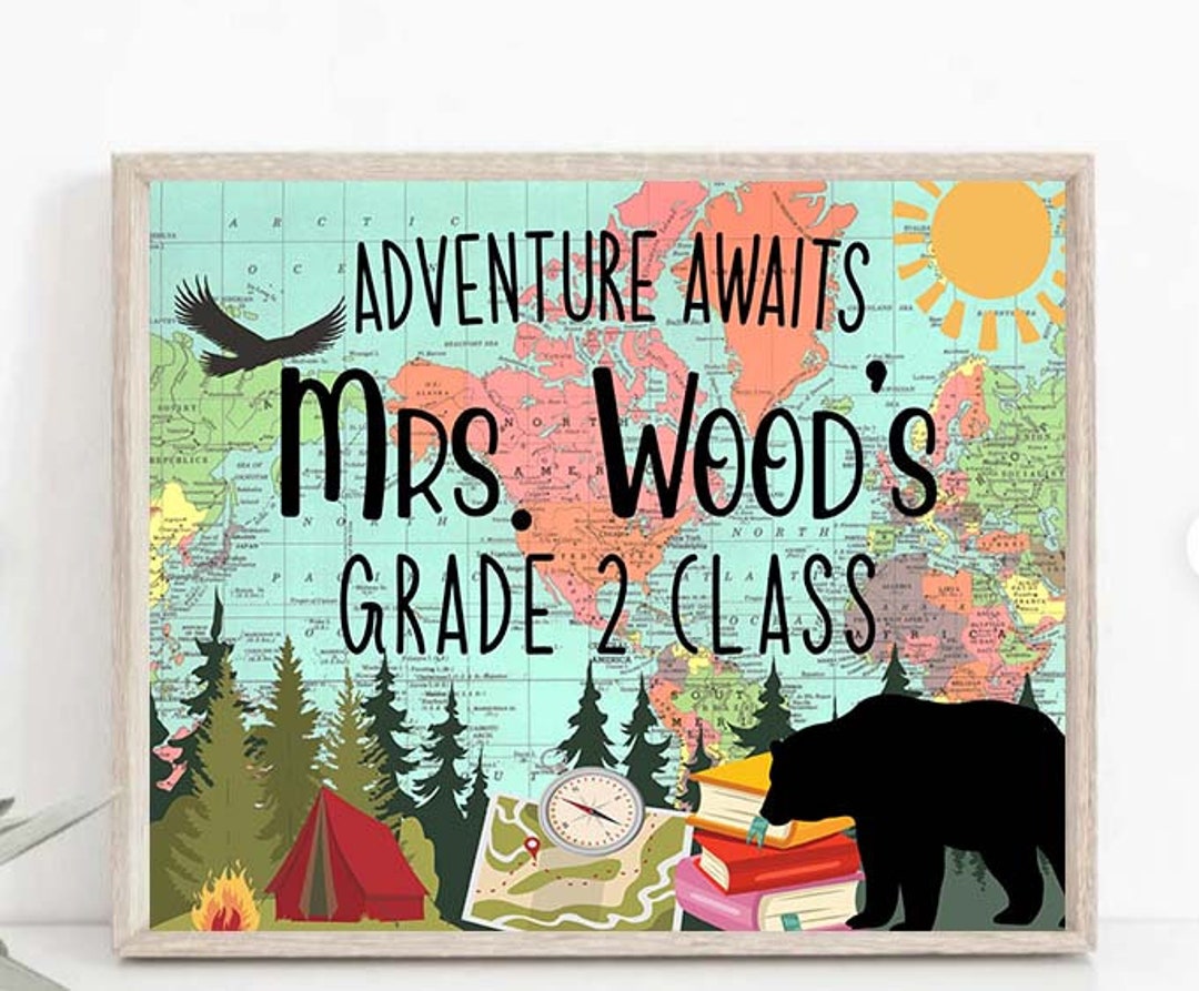 Adventure Welcome to Classroom Door Sign World Map Customized Teacher ...