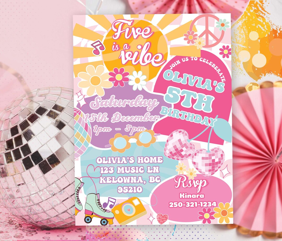 Editable 5th Birthday Party Invitation Groovy Fift Birthday Party ...
