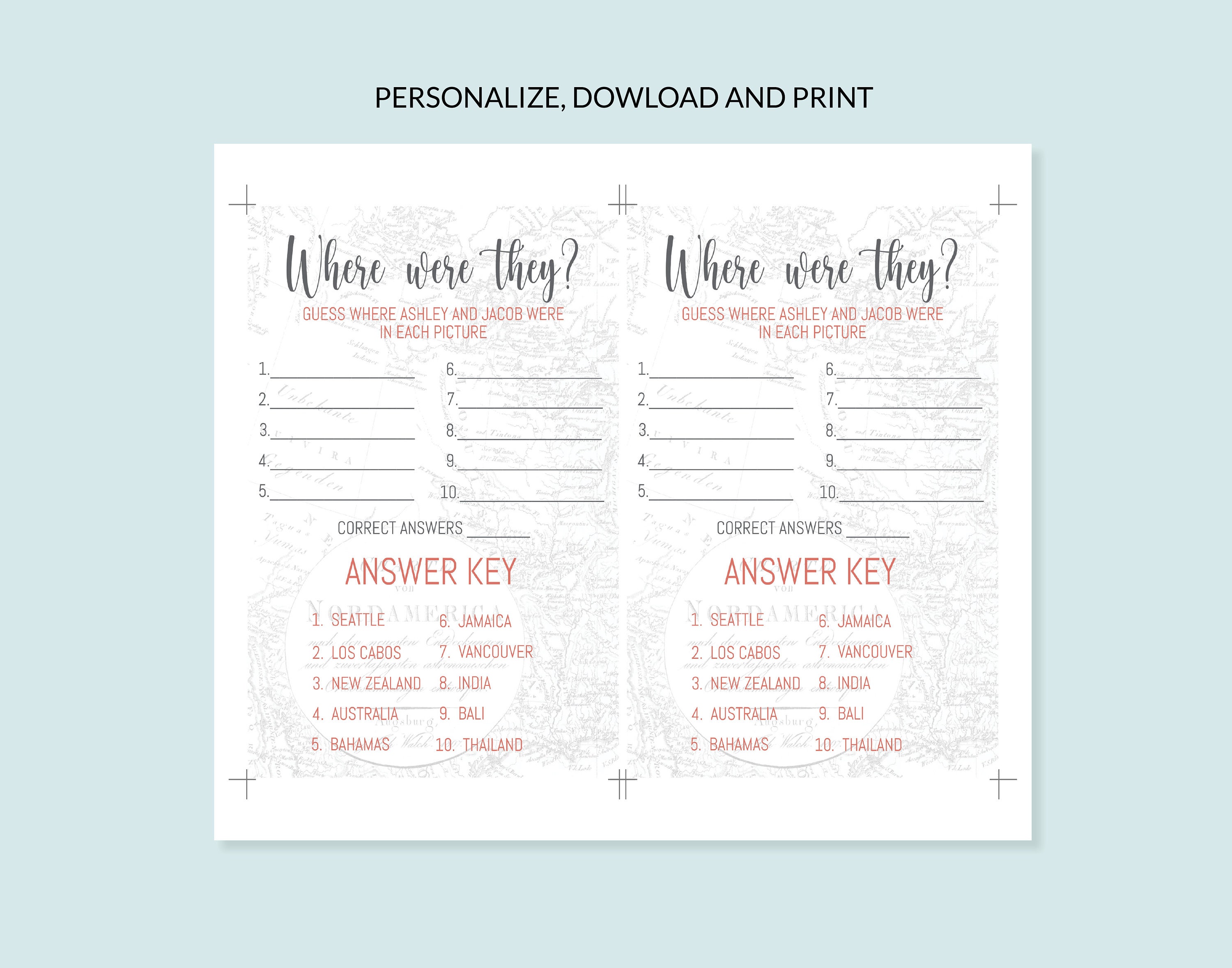 Travel Bridal Shower Game: Guess Where They Were (editable Template ...