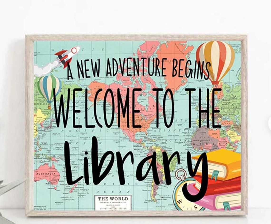 Library Welcome to Classroom Door Sign World Map Adventure Themed ...