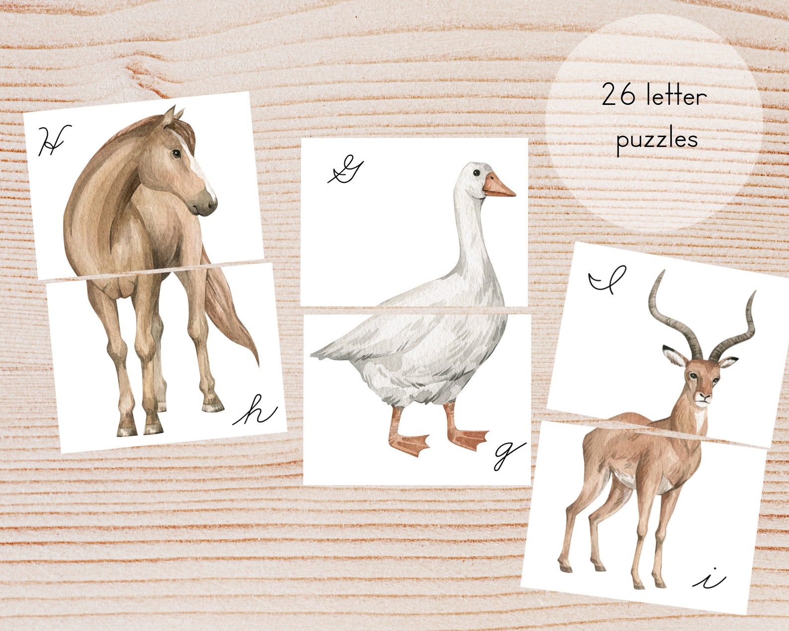 Alphabet Match Game Cursive Puzzle Game Watercolor Animal - Etsy