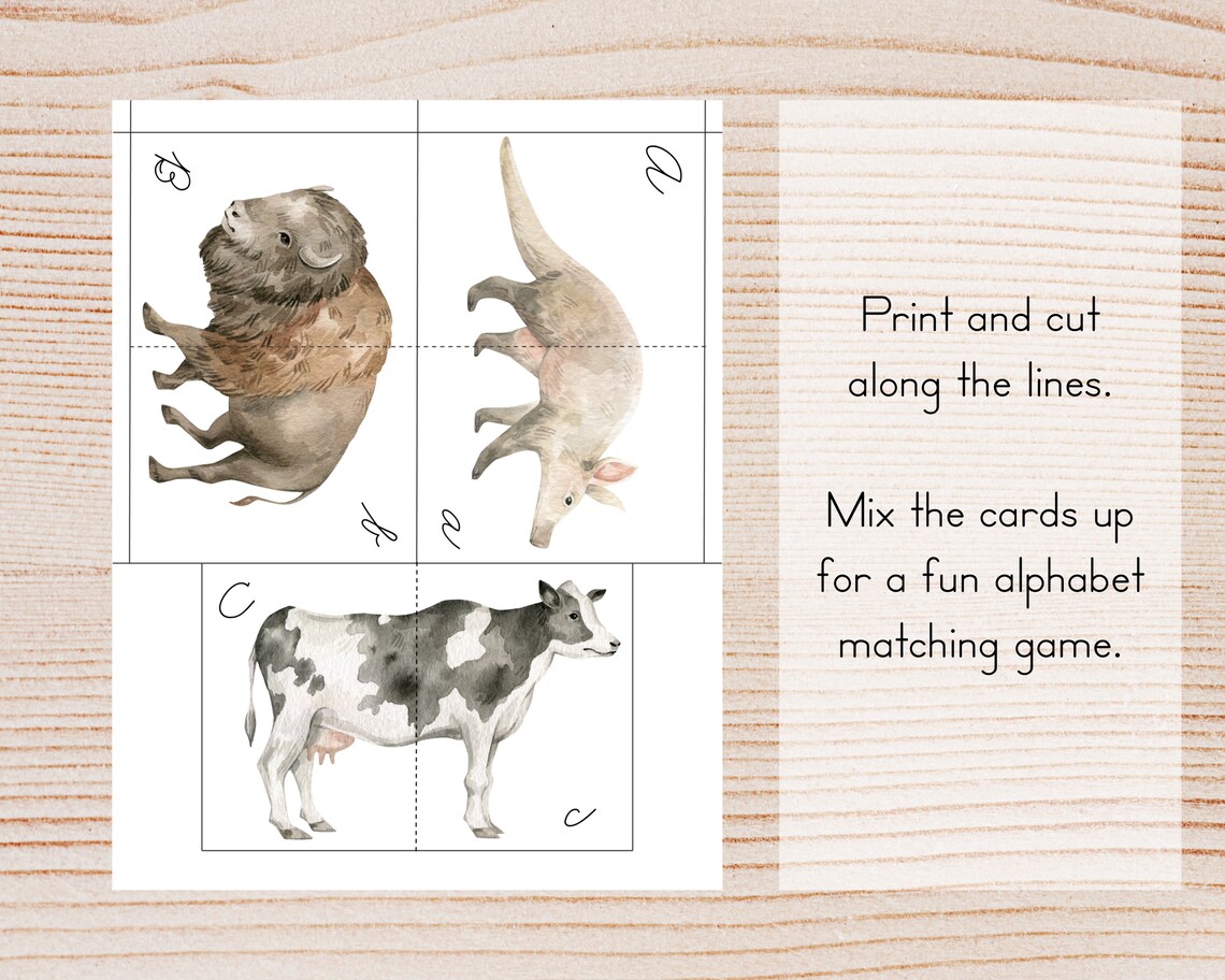 Alphabet Match Game Cursive Puzzle Game Watercolor Animal - Etsy