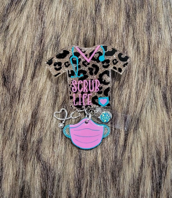 Leopard Print Scrub Top With Face Mask Badge Reel - Etsy