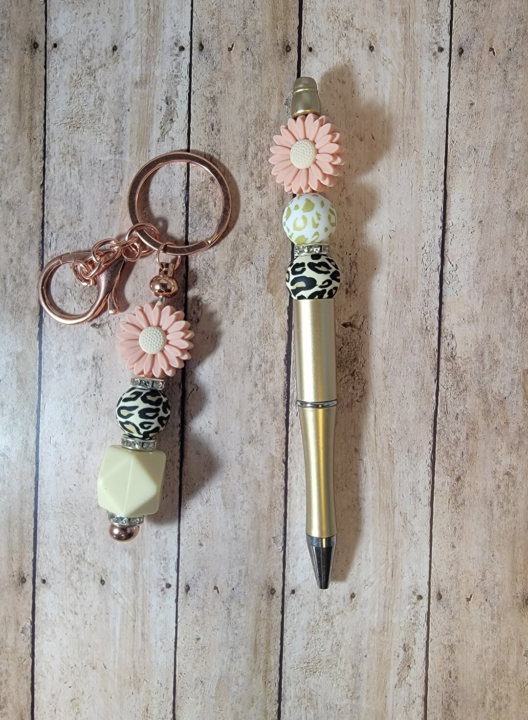 Pink Sunflower Beaded Pen and Beaded Keychain, Sunflower Keychain ...