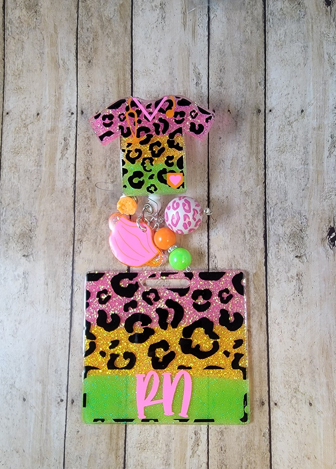 Ombre Leopard Print Scrub Top With Face Mask Badge Reel/nurse Badge ...