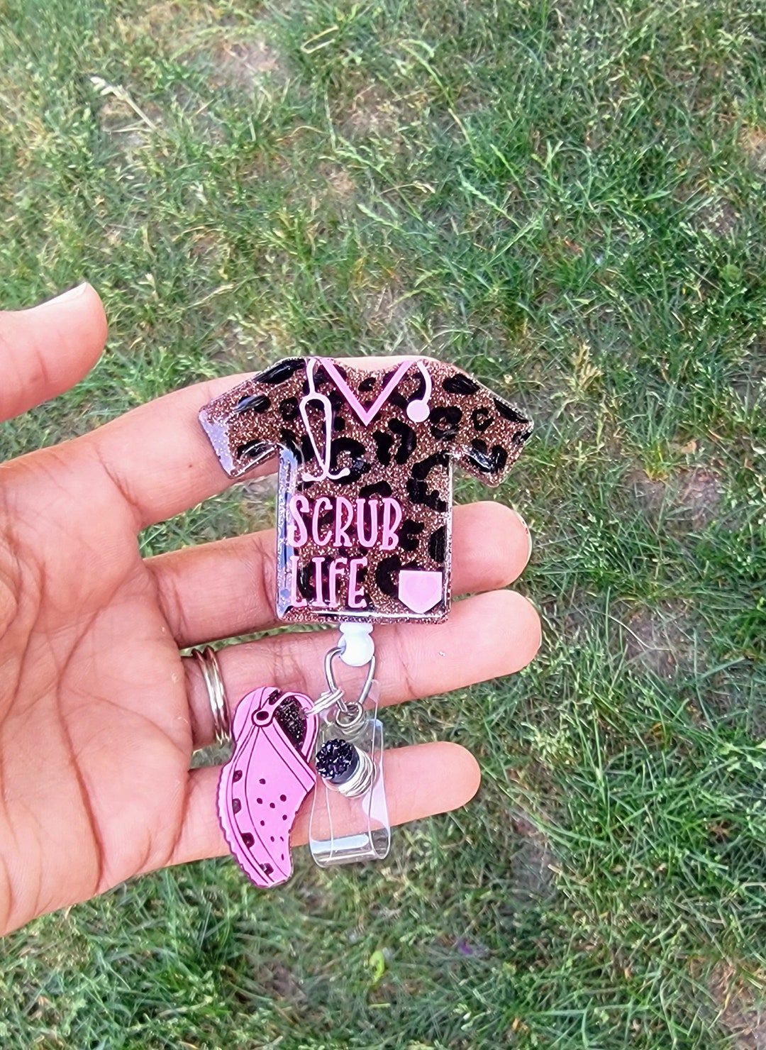 Leopard Print Scrub Top With Crock Charm Badge Reel/nurse Badge Reel ...