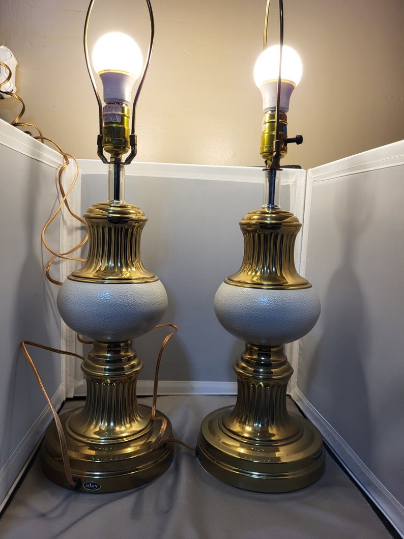 Vintage Alsy Table Lamp Pair Mid Century Brass Ceramic Neoclassical ...