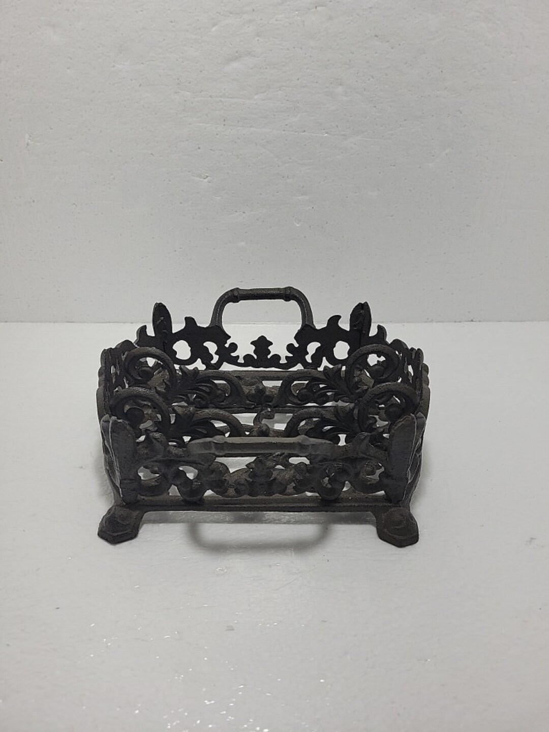 1800s Cast Iron Silverware Caddy Holder W/ Handles, Footed Fleur-de-lis ...