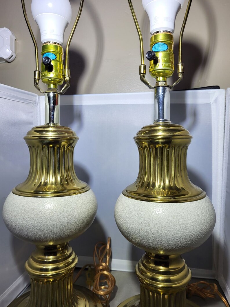 Vintage Alsy Table Lamp Pair Mid Century Brass Ceramic Neoclassical ...