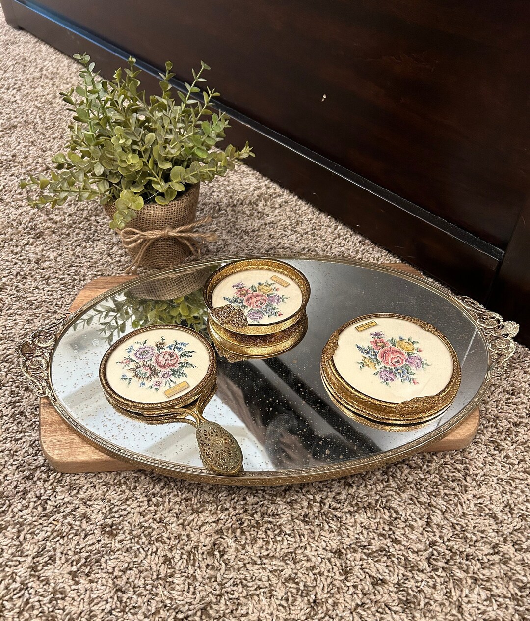 Victorian Style 4 Pc Vanity Set-brass/ Petit Point/ Filigree. Antiqued ...