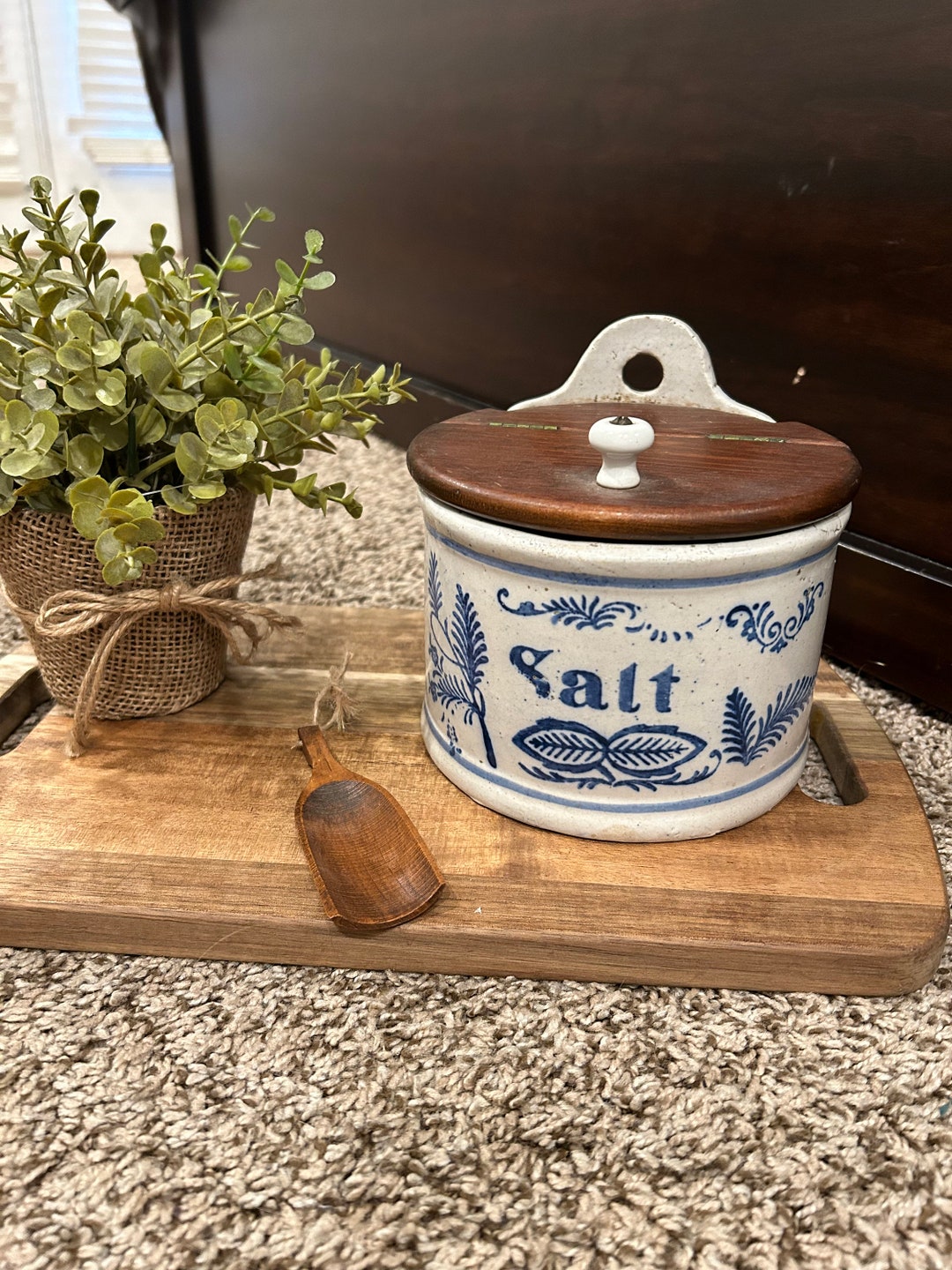 Antique Salt Box. Antique Primitive Stoneware Blue & White Wall Hanging ...