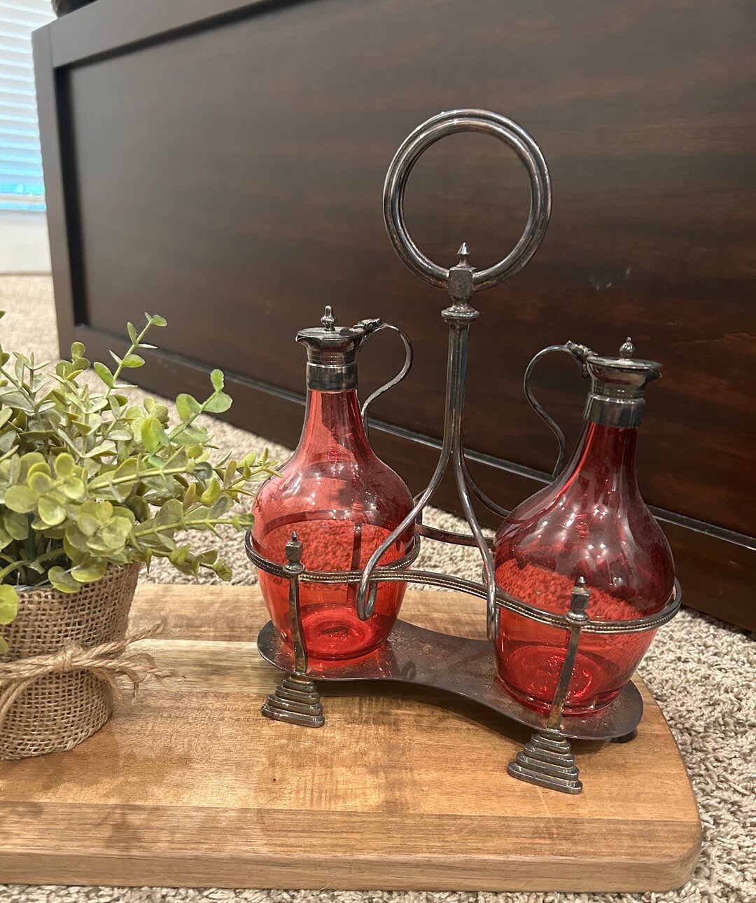 Vintage Blown Glass Cranberry Cruet Set in Silverplate Holder ...