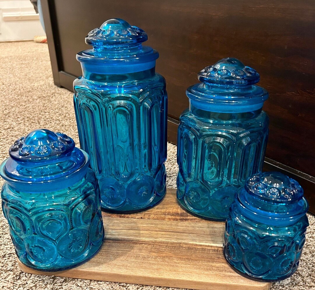 Rare L.E. Smith Blue Glass Canister Set. L.E. Smith Moon & - Etsy