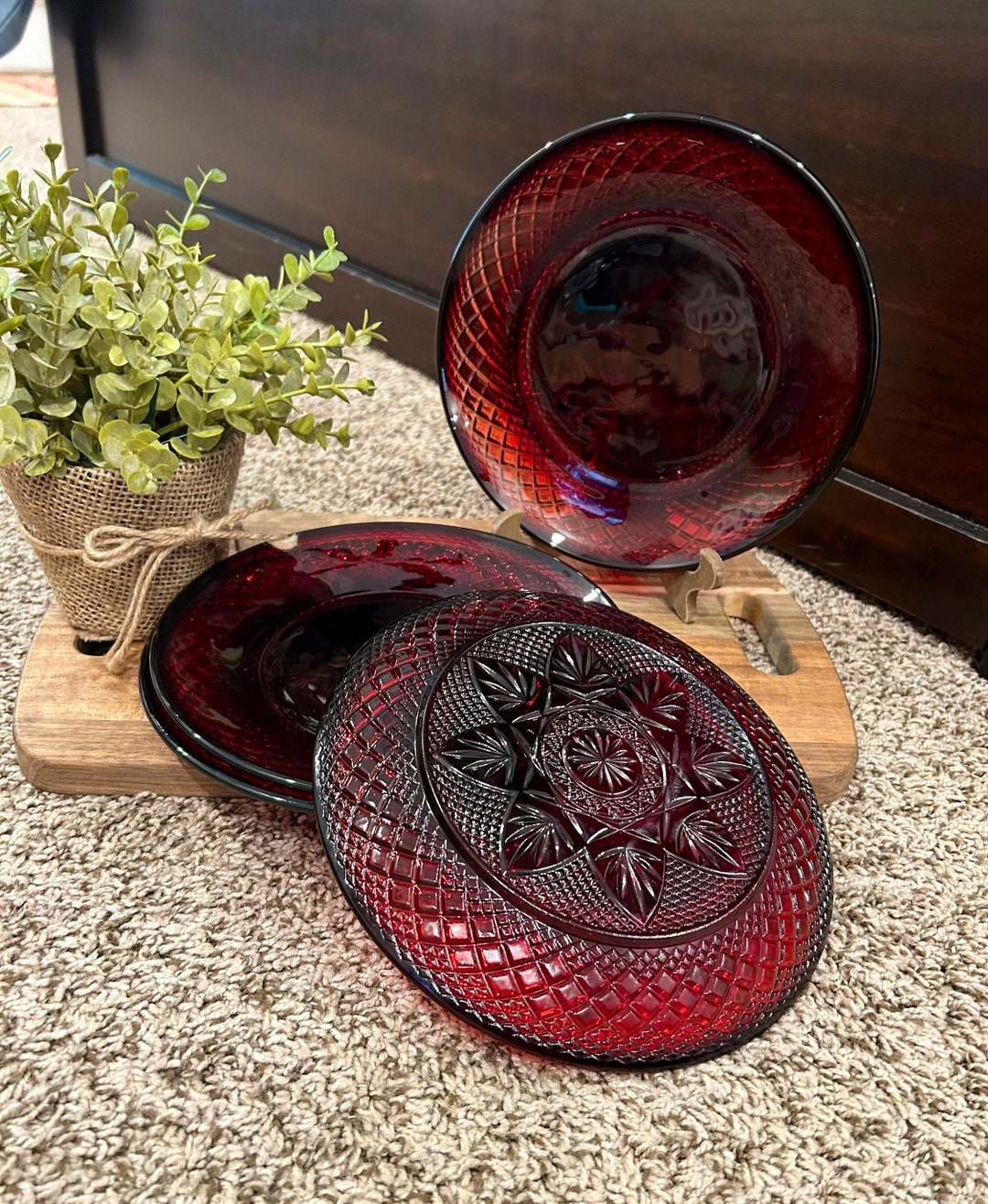 Ruby Red Vintage Luminarc-durand 8 Salad Desert Plates Set of 4 Cristal ...