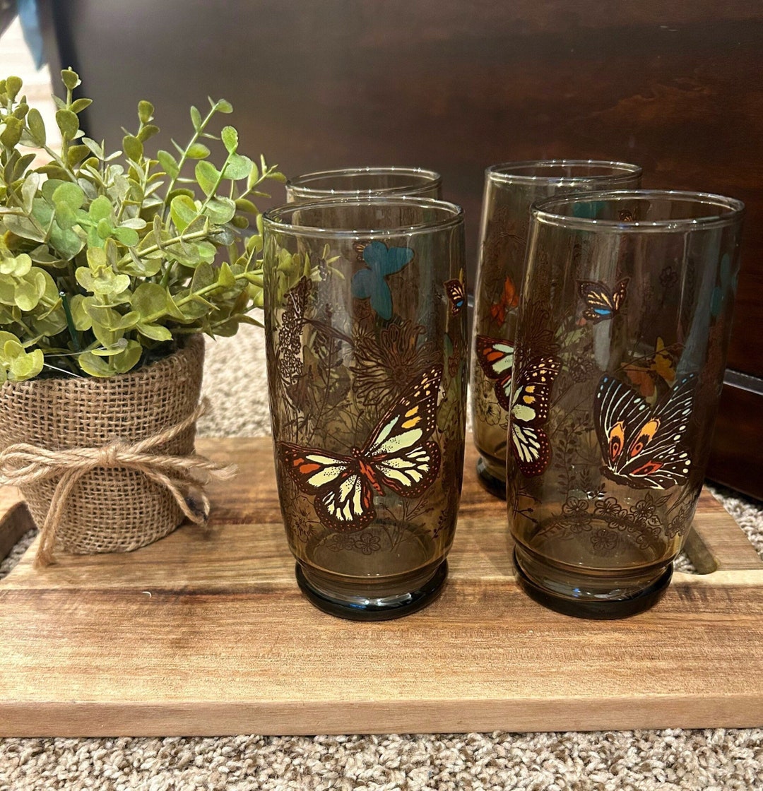Set of 4 FOUR Libbey Butterflies Drinking Glasses, 70s Monarch ...