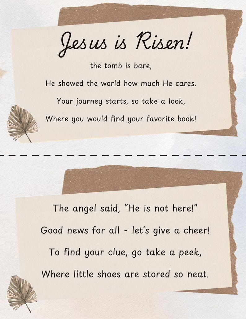 Christian Easter Scavenger Hunt for Kids | Printable Rhyming Clue Cards ...