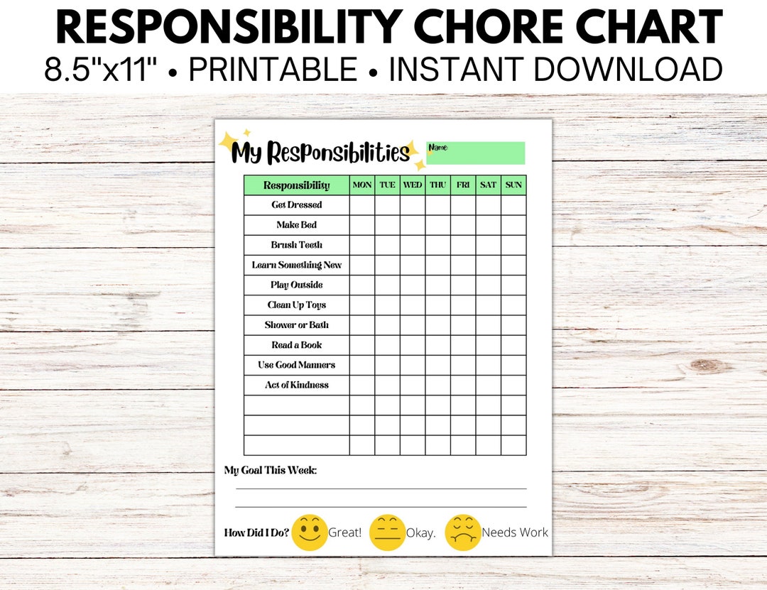 Kids Weekly Chore Chart: Printable Responsibility Chart (8.5” X 11” PDF ...