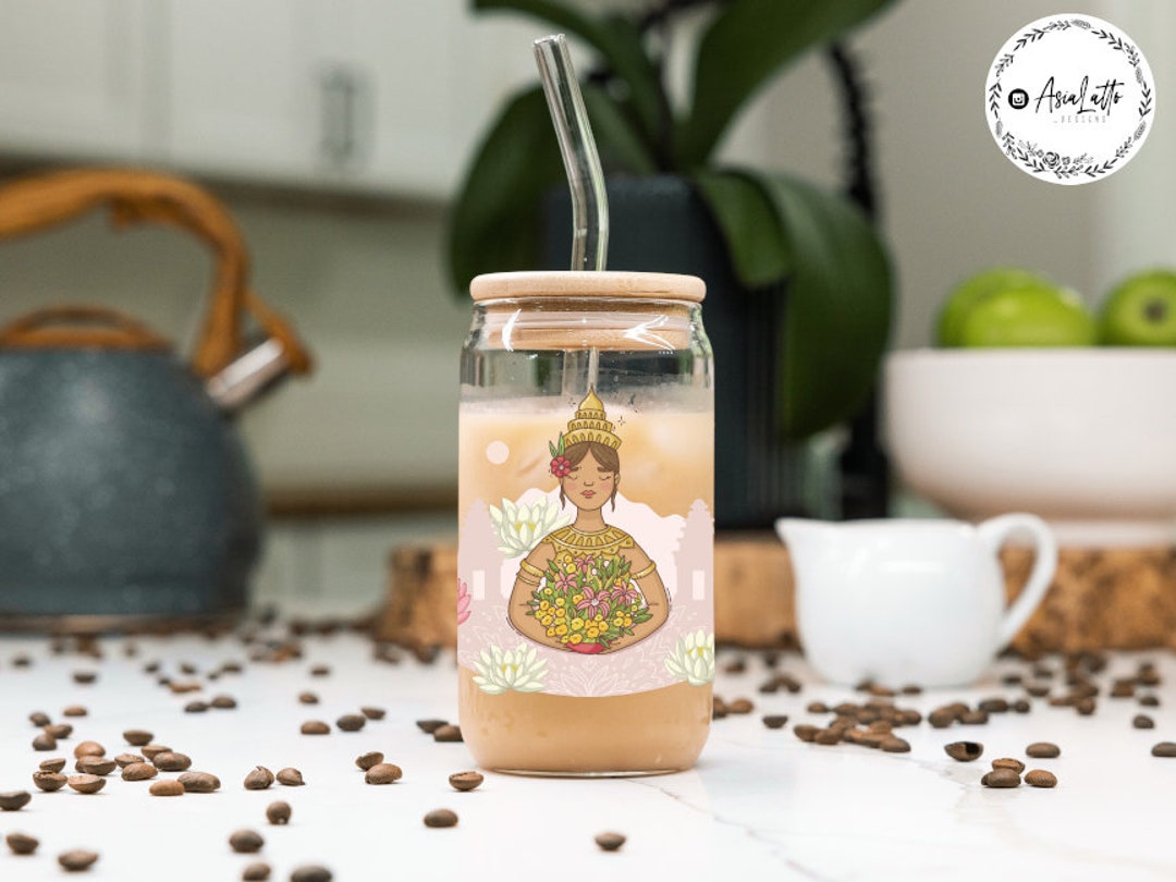 Khmer Apsara Cartoon Ice Coffee Cup, Beer Can Glass With Lid and Straw ...