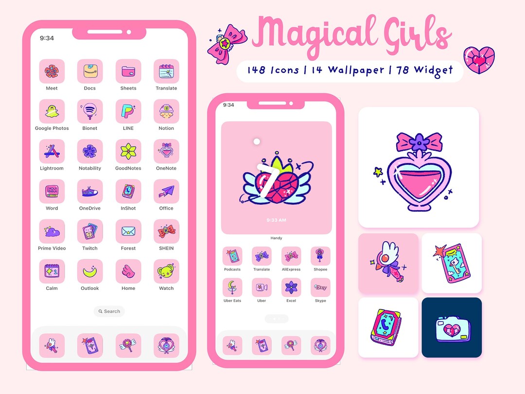 CUTE Magical Girls Hand Drawn Icon Pack With Matching Wallpapers | 140 ...