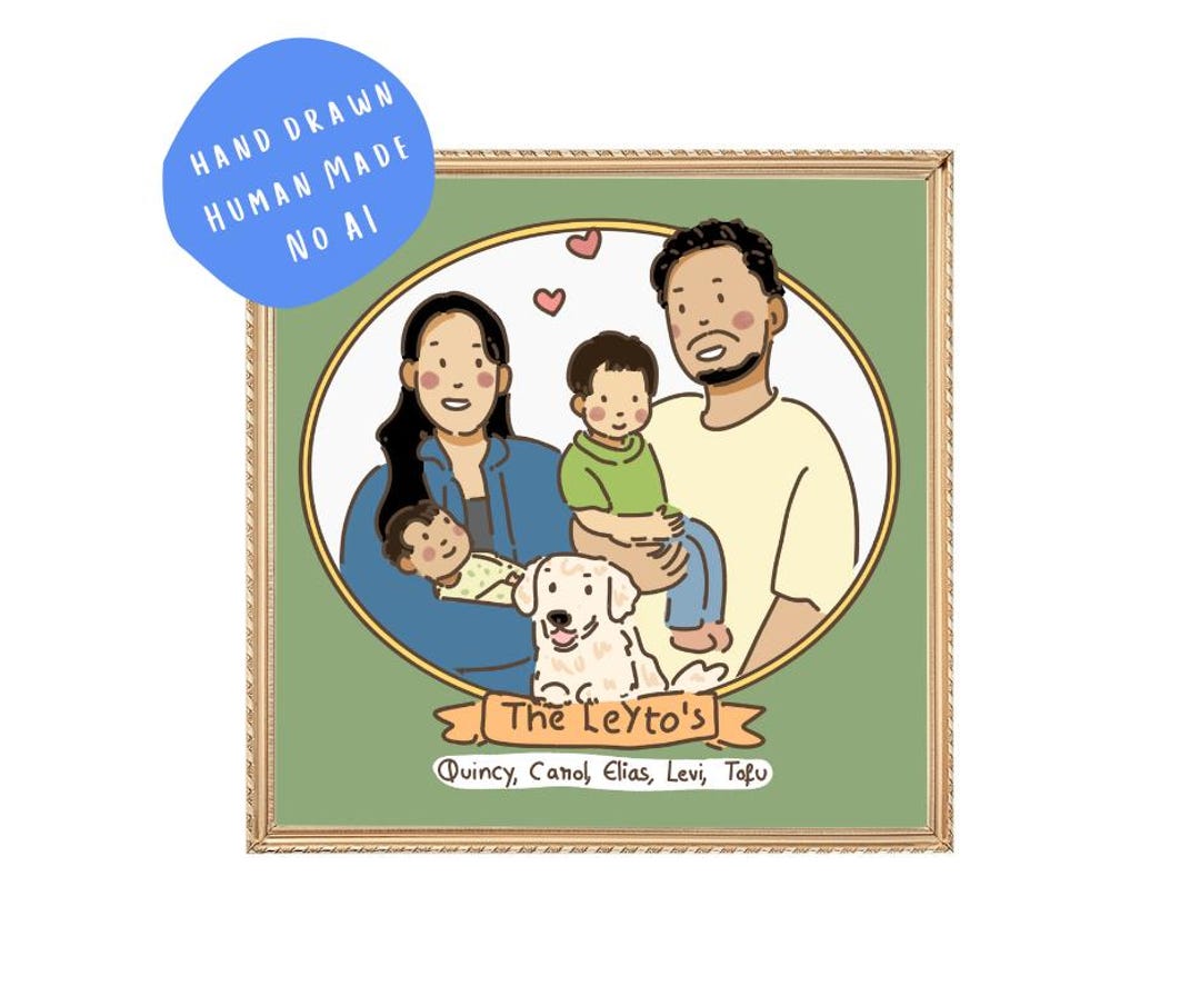 Hand Drawn Custom Family Portrait With Pets and Kids, Unique ...